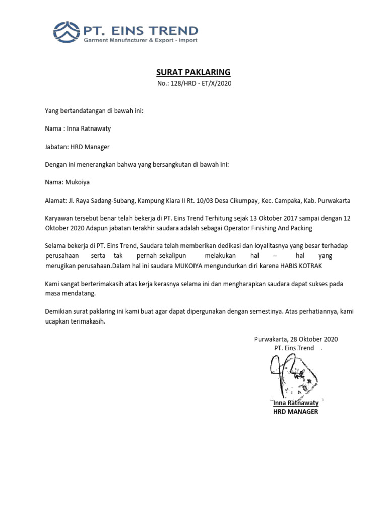Surat Paklaring Mukoiya1 | PDF