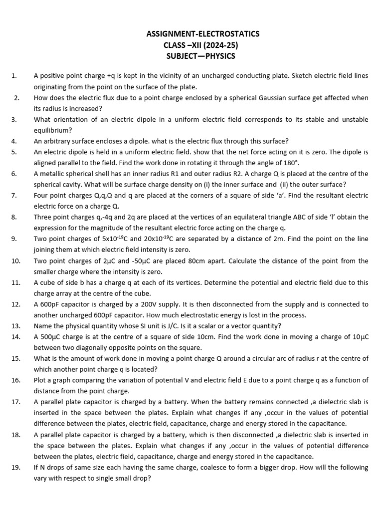 Assignment Electrostatics Xii 2024-25-1 | PDF | Capacitance | Capacitor