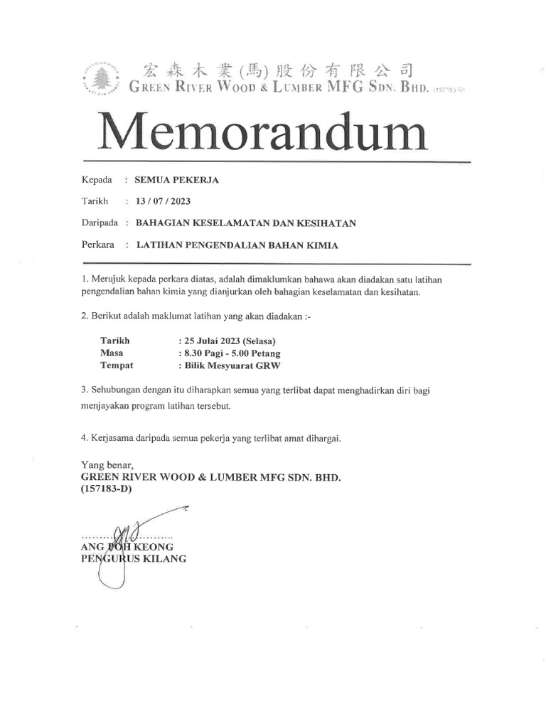 Memo Chemical Handling Training 25 July 2023 | PDF