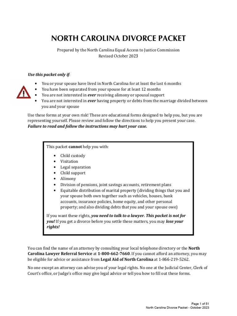 NC Divorce Packet V1 4 Oct 2023 | PDF | Alimony | Complaint