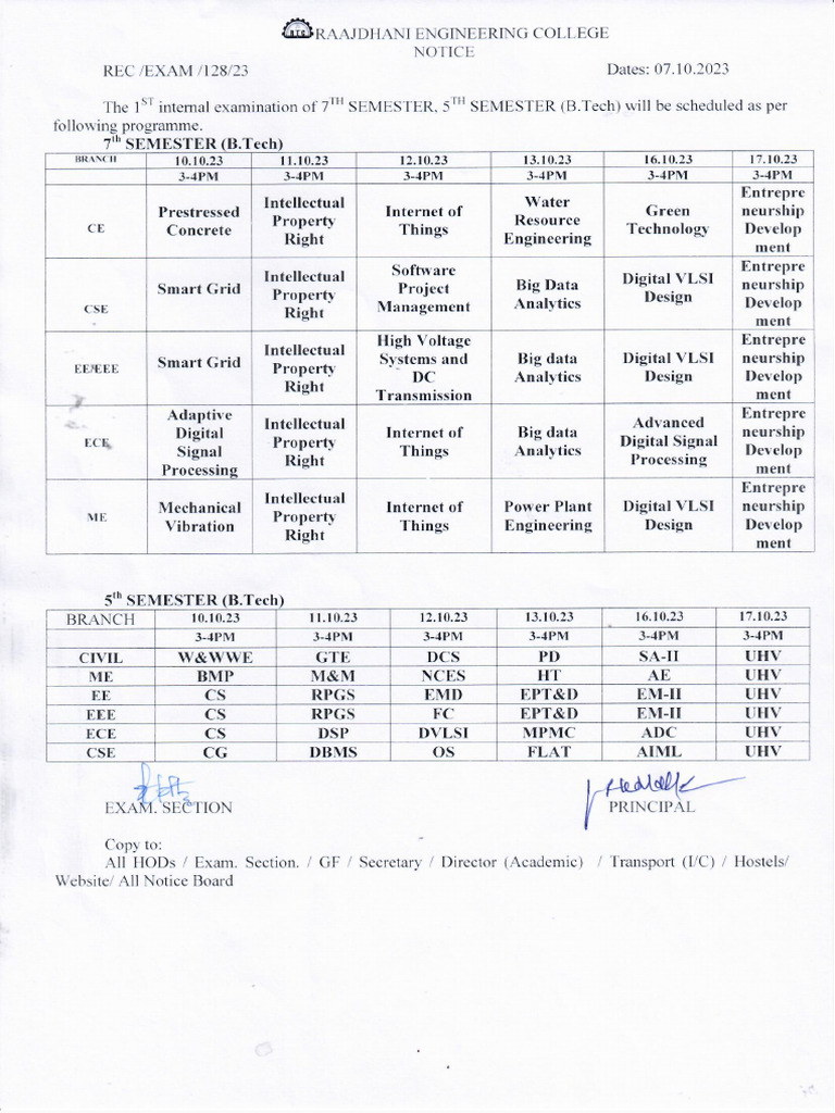 7th Sem, 5th Sem 1st Internal Examination Notice | PDF