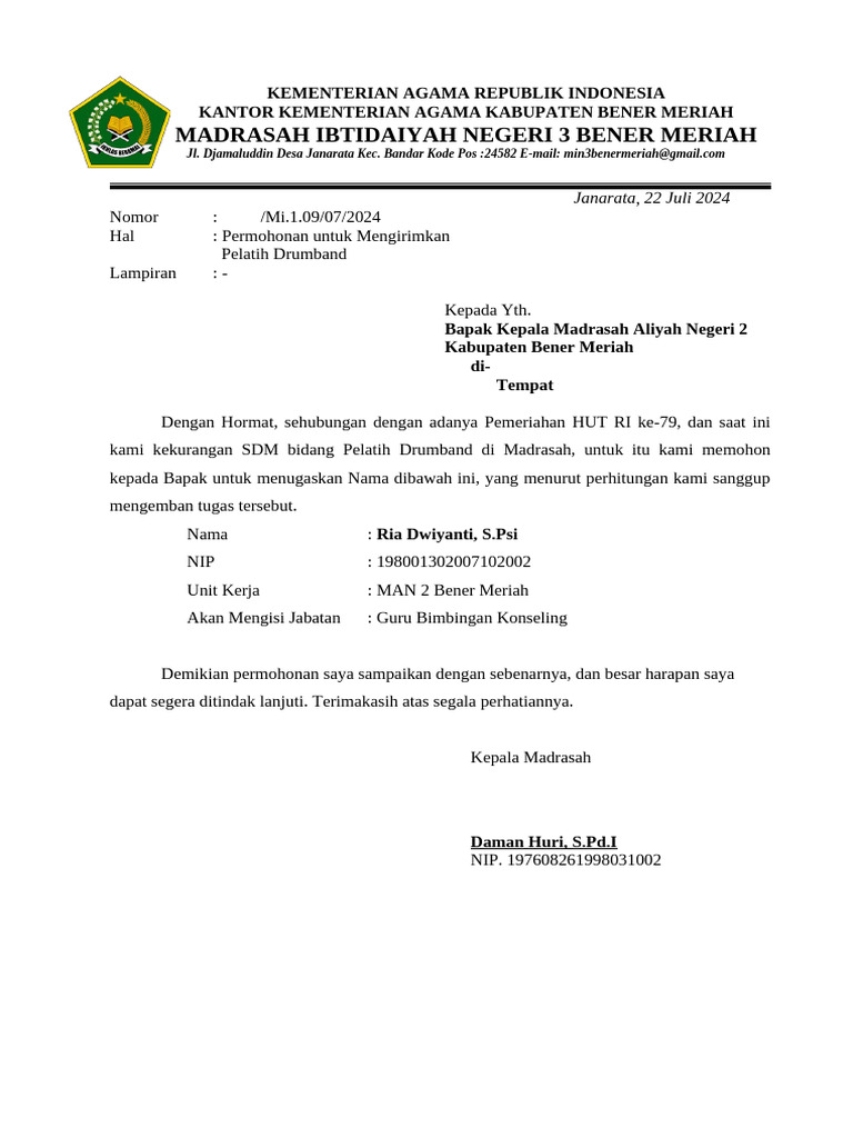 Surat Permohonan Pelatih Drum Band | PDF