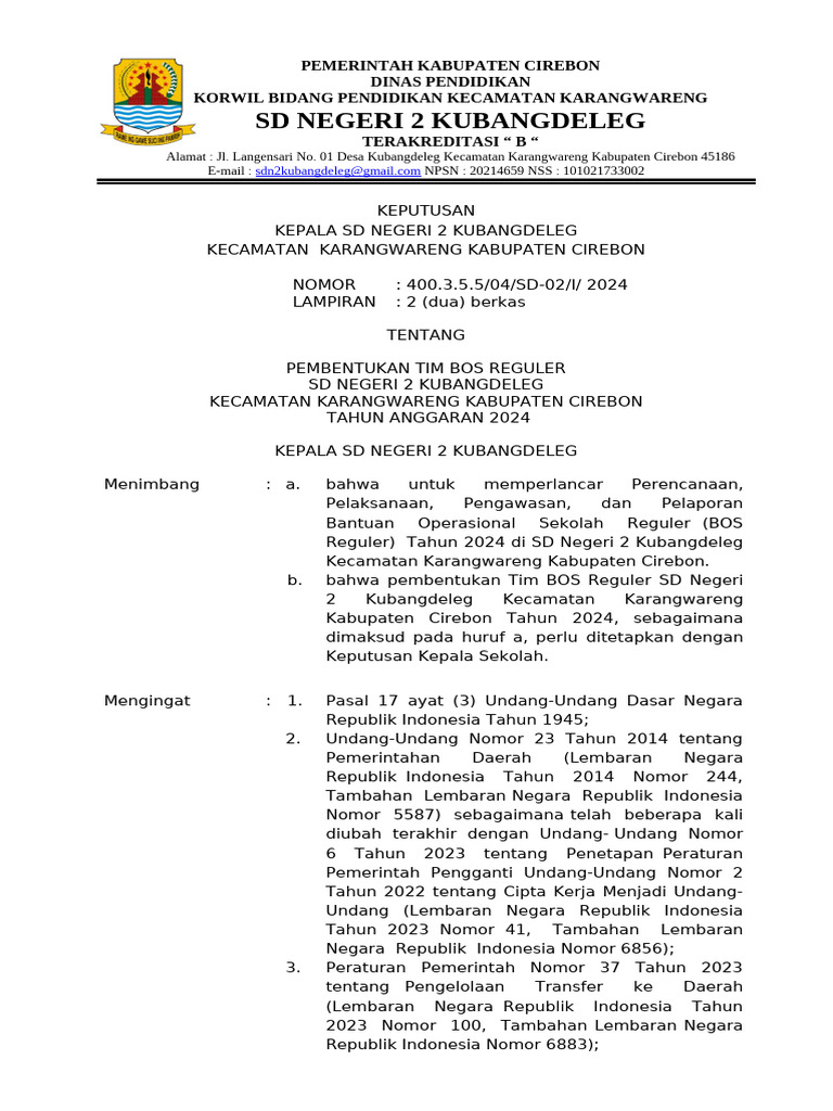 Pembentukan Tim BOS SDN 2 Kubangdeleg 2024 | PDF