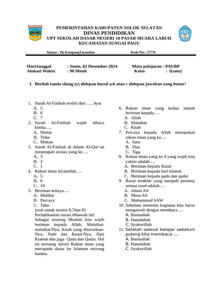 soal kelas 1 semester ganjil | PDF