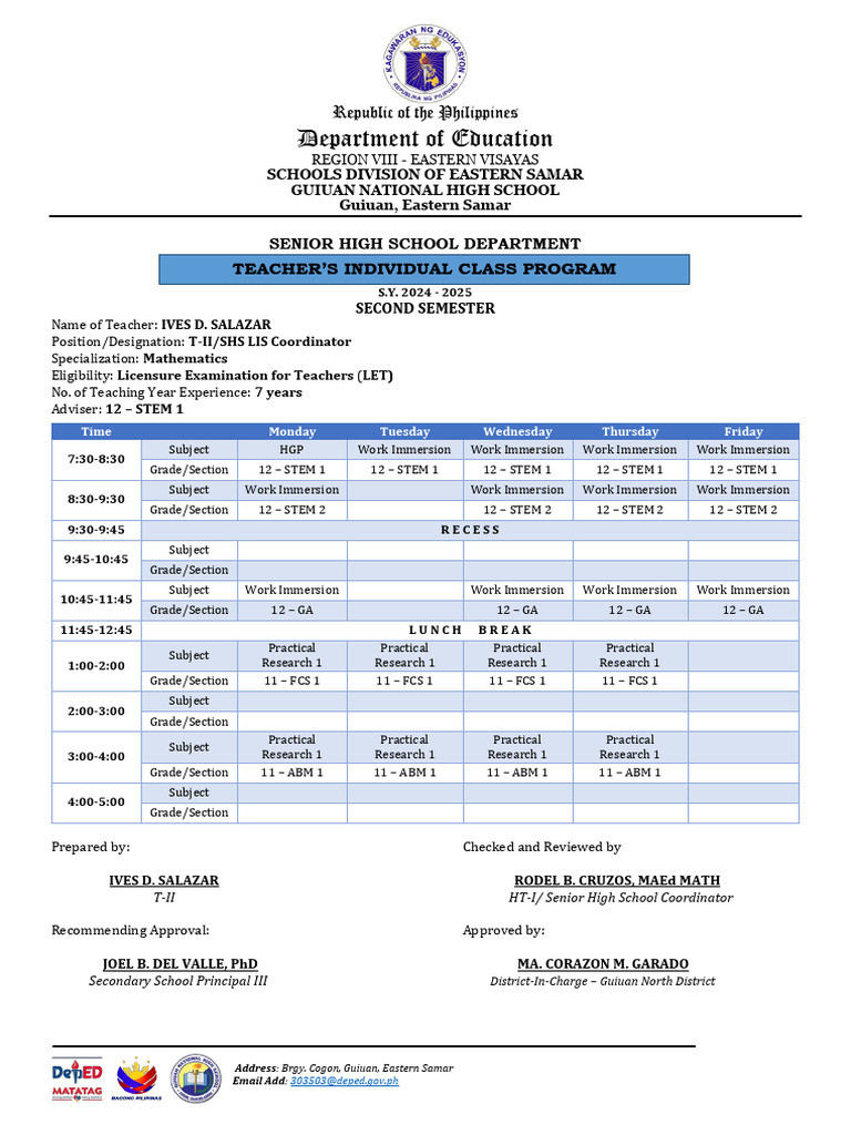 Form-29-Teachers-Individual-Program Second Sem SY 2024-2025 | PDF | Science, Technology ...