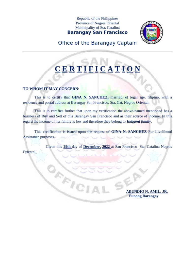 Certification of Indigency for Livelihood | PDF