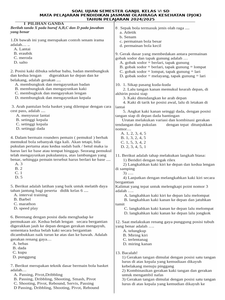 SOAL UJIAN PJOK Kelas VI Semester Ganjil | PDF