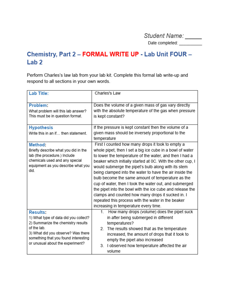 Adam Koh 2 Unit 4 Lab 2 Charles's Law | PDF | Gases | Temperature