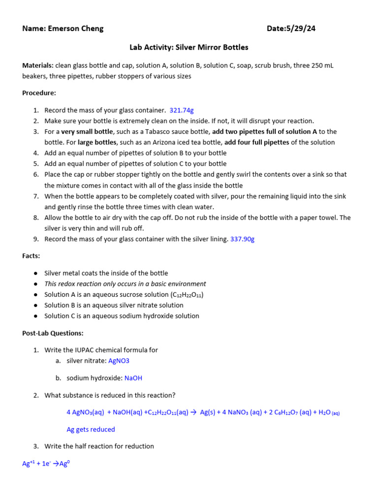 Silver Mirror Bottle Lab Guide | PDF | Redox | Chemical Reactions