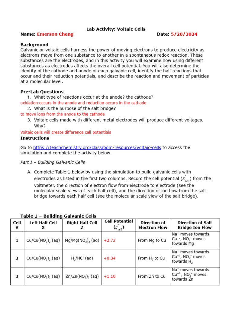 Kami Export - EC Lab Activity - Voltaic Cells | PDF | Redox | Electrode