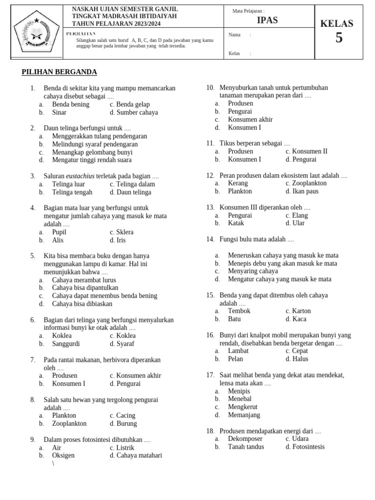 SOAL_UAS_IPAS_KELAS 5 | PDF