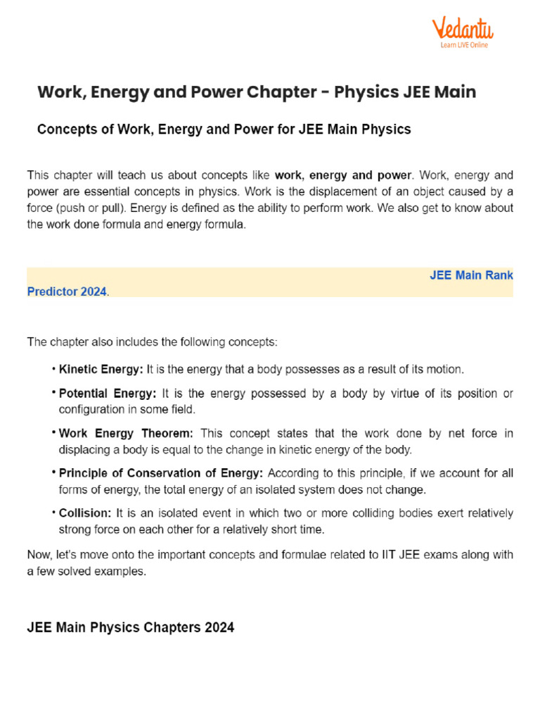 Work, Energy and Power Chapter - Physics JEE Main | PDF
