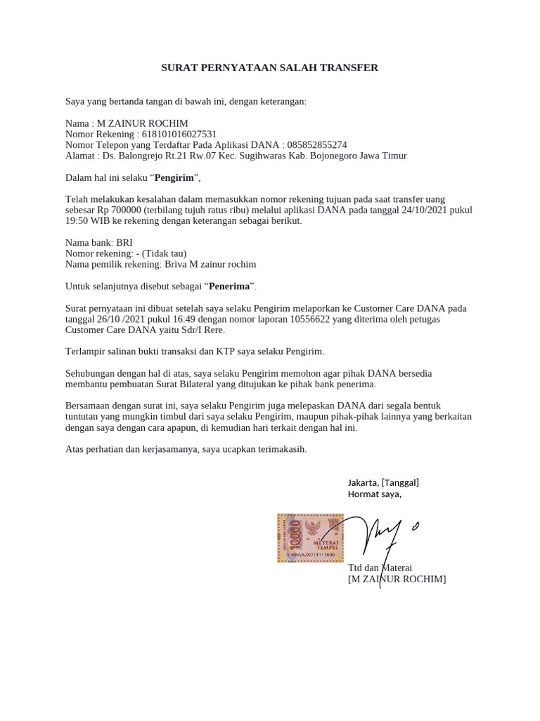 Surat Pernyataan Salah Transfer | PDF
