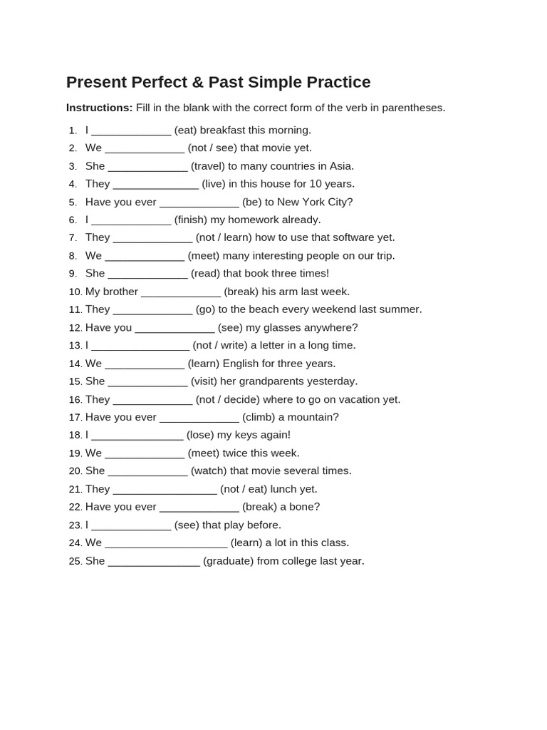 Present Perfect Past Simple Worksheet - 156890 | PDF