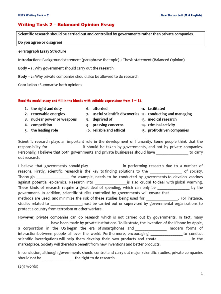 IELTS Writing Task 2: Balanced Opinion Essay | PDF | Preventive ...