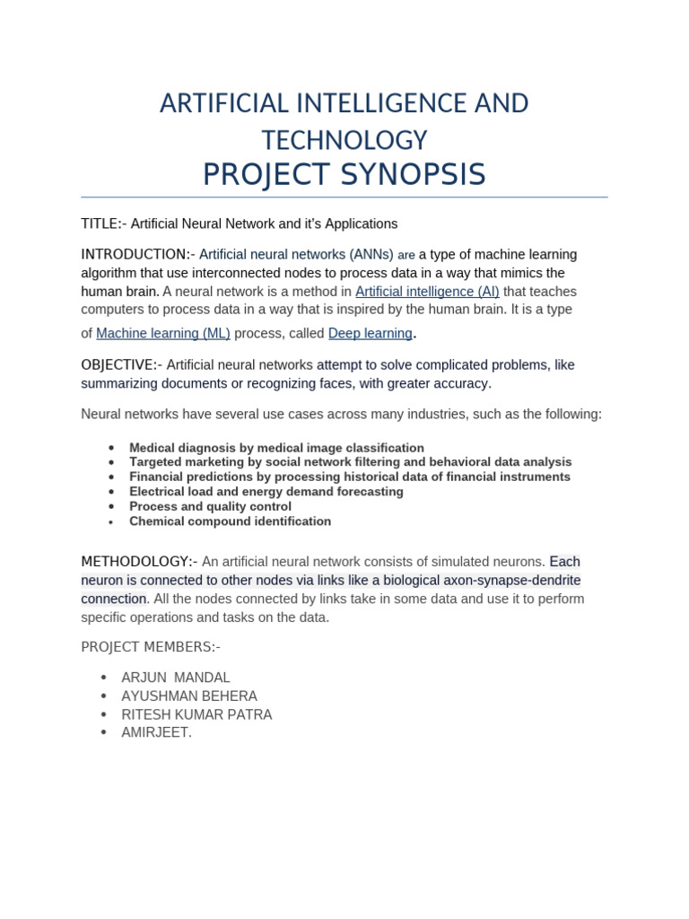 Artificial Intelligence and Technology: Project Synopsis | PDF