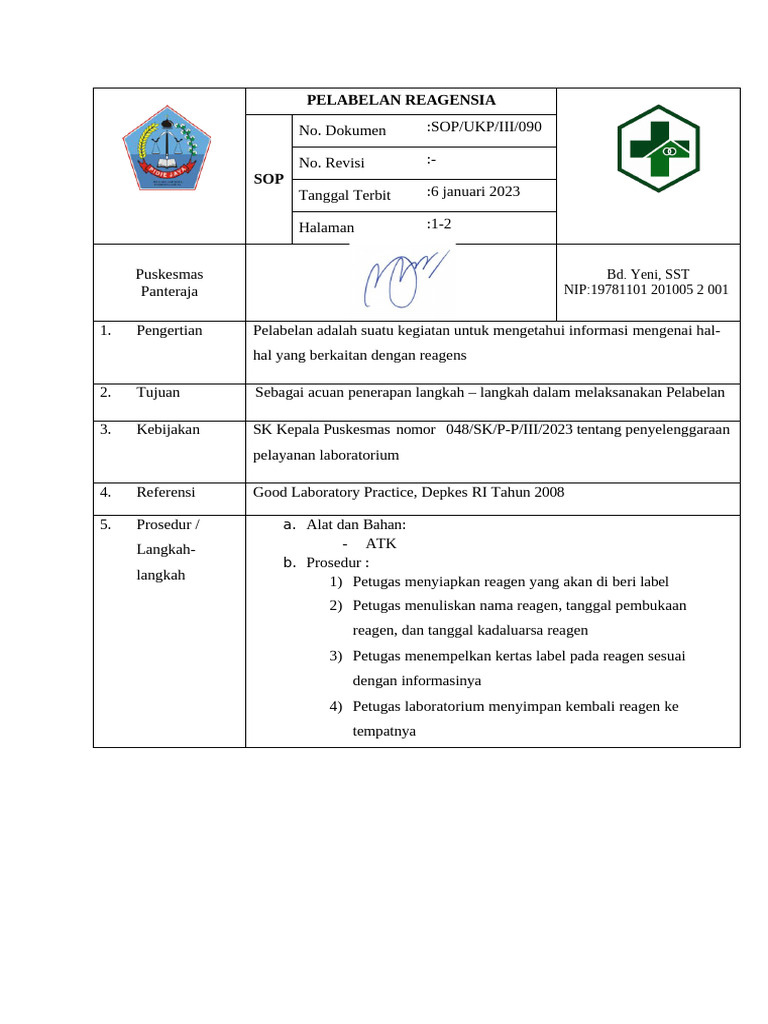 3.9.1.B EP 1 SOP PELABELAN REAGENSIA | PDF