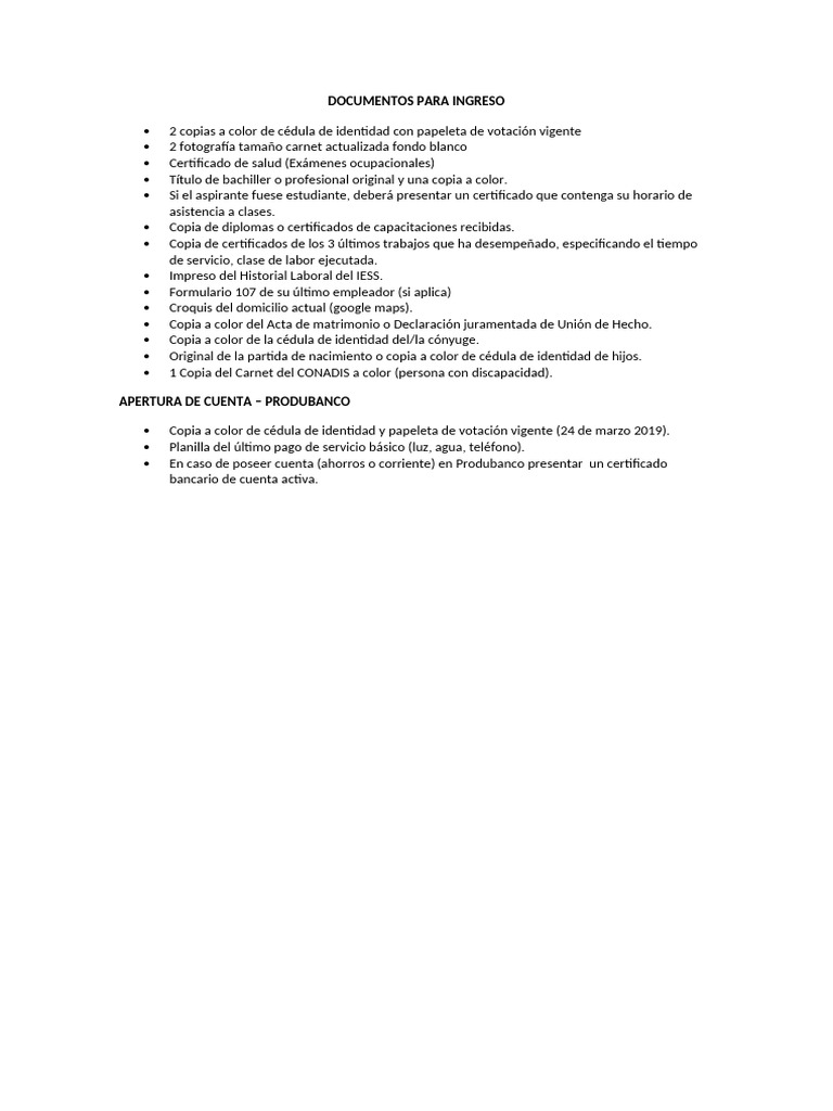 Listado Documentos Ingreso ETAFASHION | PDF