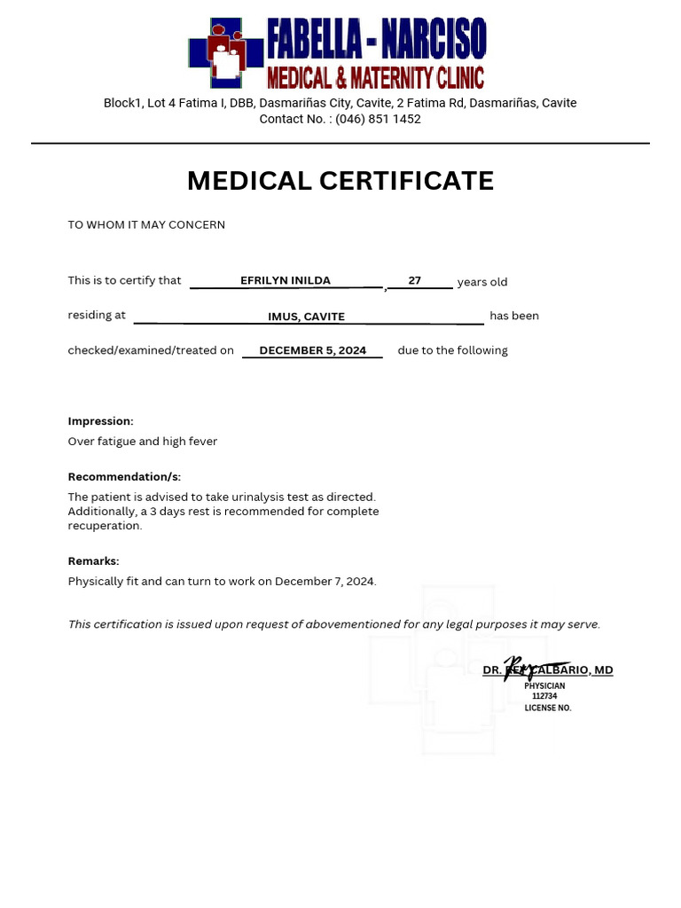 Medical Fit to Work Certificate | PDF