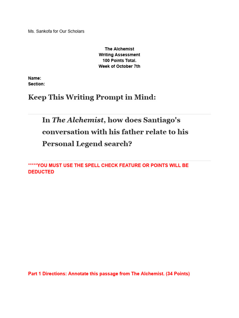 Zavier Richards - The Alchemist Writing Assignment 1 For Bulletin Board ...