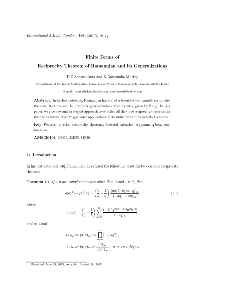 Finite Forms of Reciprocity Theorem | PDF | Infinity | Summation