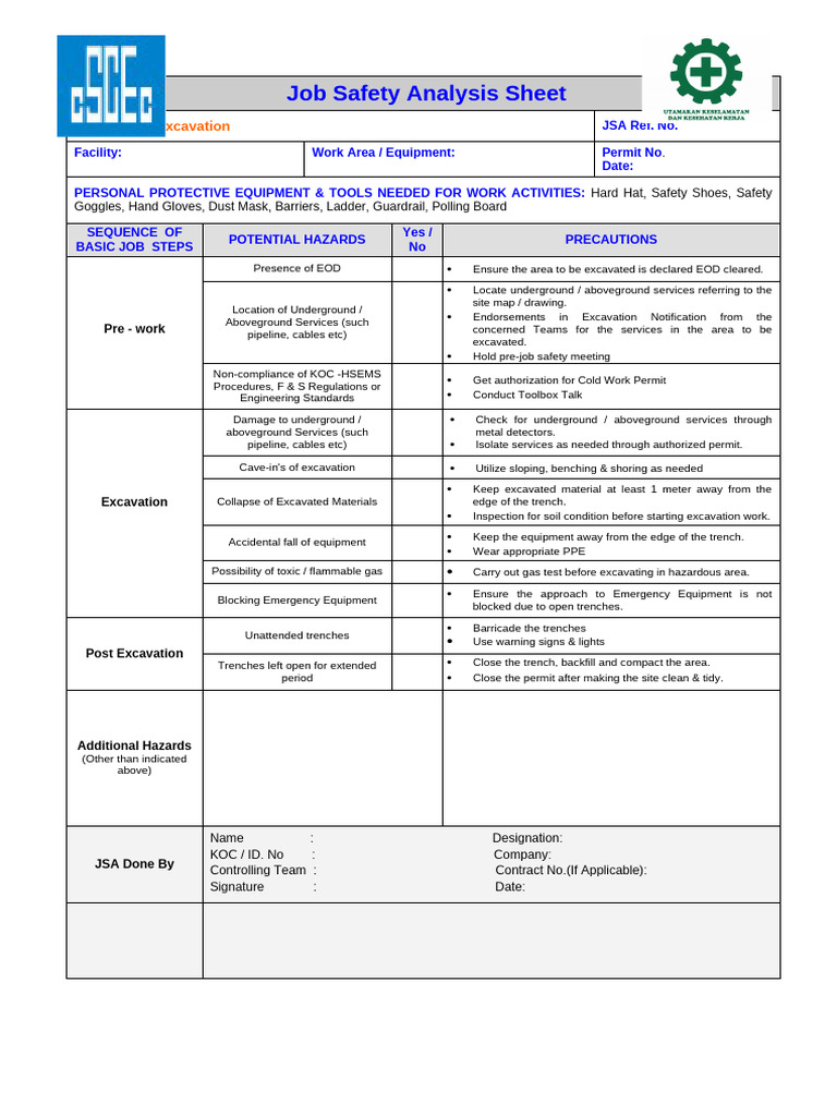 CSCEC-JSA-01-Manual-Excavation | PDF | Trench | Personal Protective Equipment