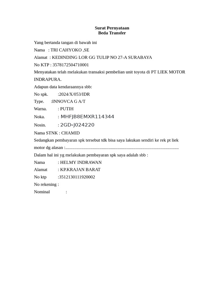 Surat Pernyataan Beda Transfer | PDF