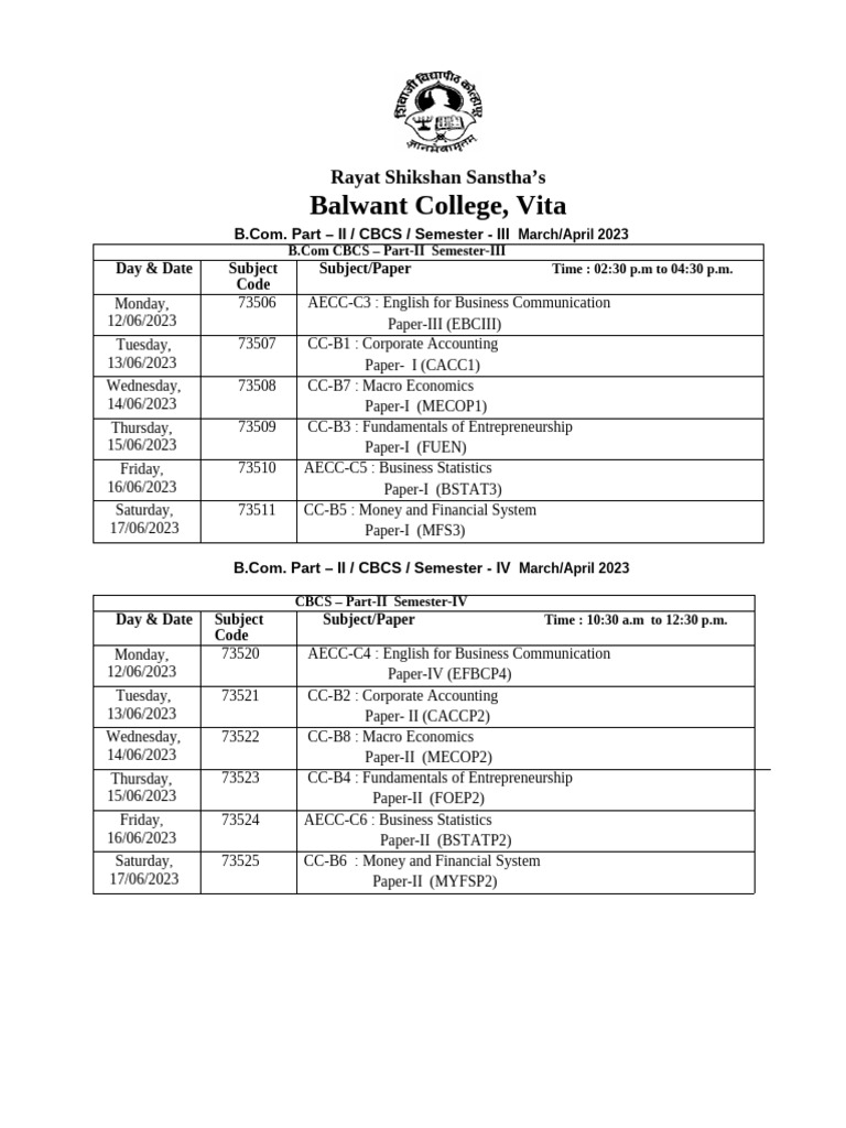Sy B.Com. Exam Time Table June 2025-1 | PDF