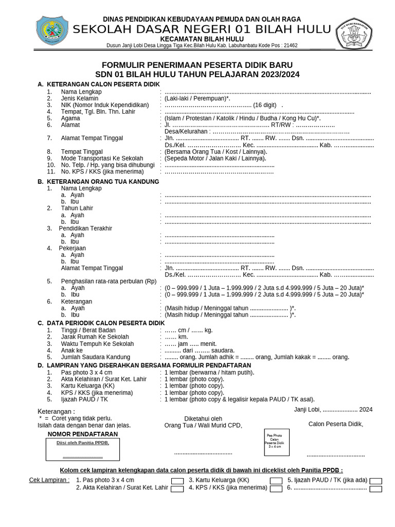 FORMULIR PPDB SDN 01 BILAH HULU | PDF