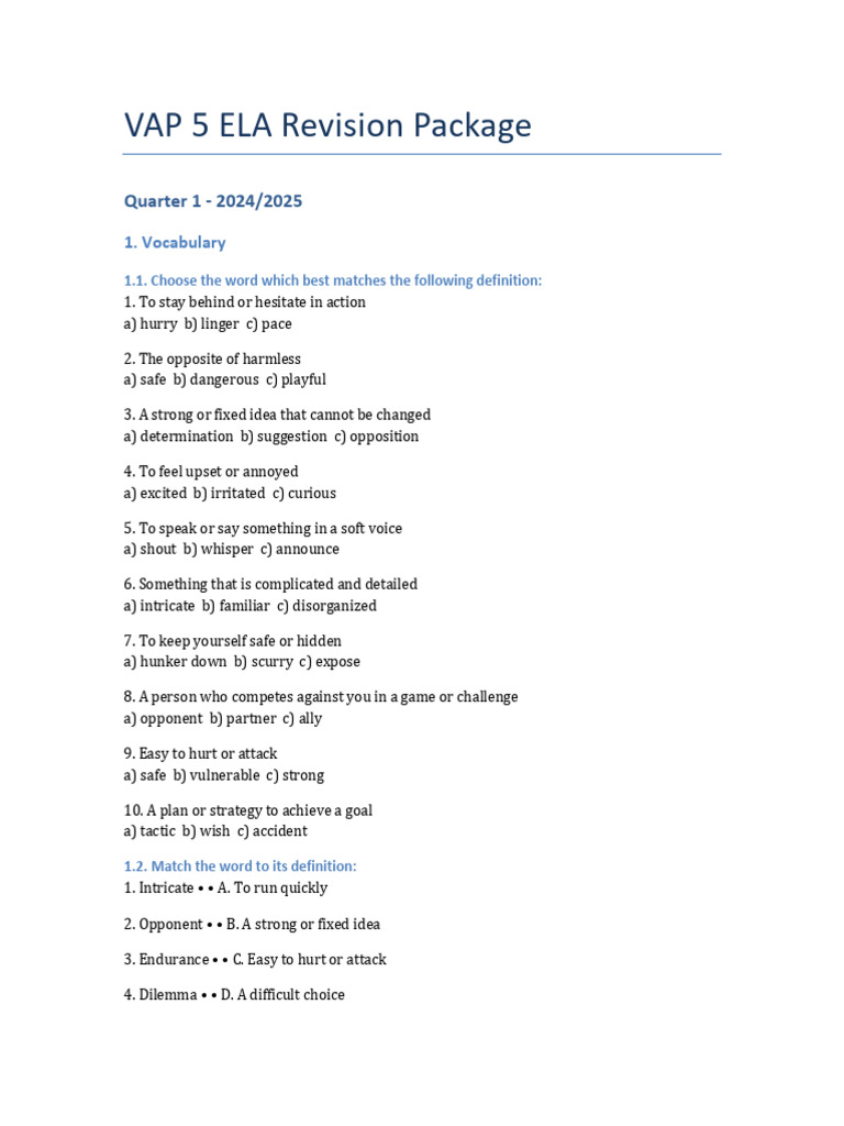 (ChatGPT) VAP 5 ELA Revision Package 2024 25 | PDF