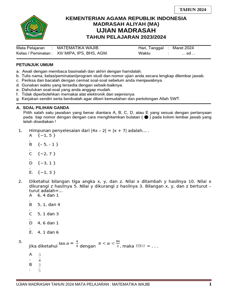 Um Matematika - Wajib 2024 | PDF