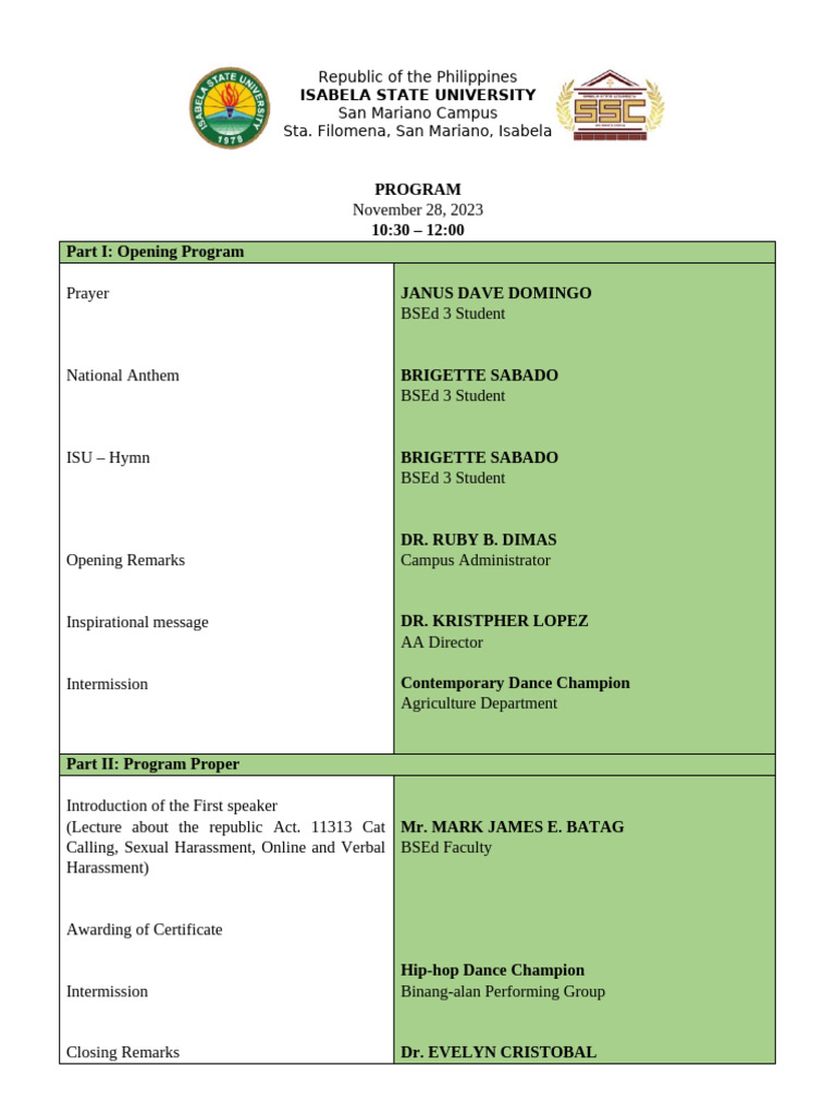 Isabela State University Program Agenda | PDF
