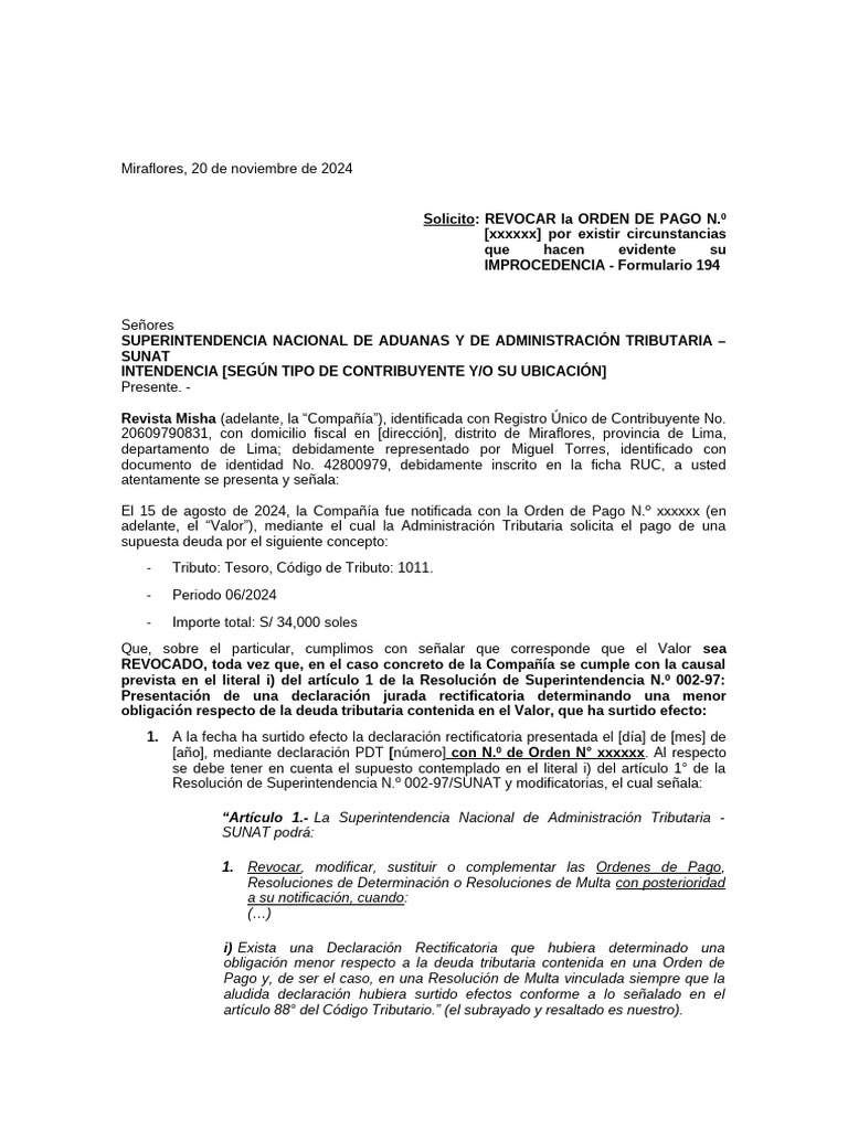 Modelo Escrito A Formulario 194 | PDF | Documento de identidad