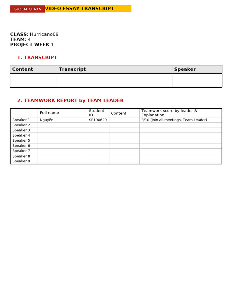 Class - Team Transcript (1) | PDF