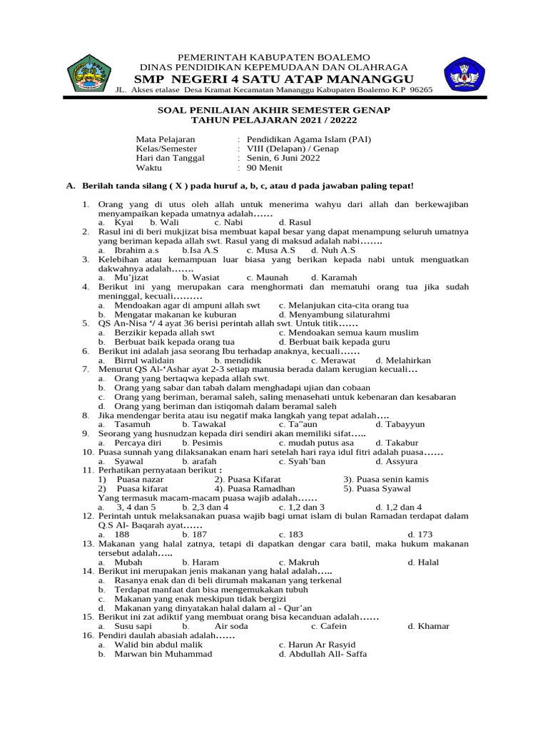 Soal Semester Genap KLS 8 2021 | PDF
