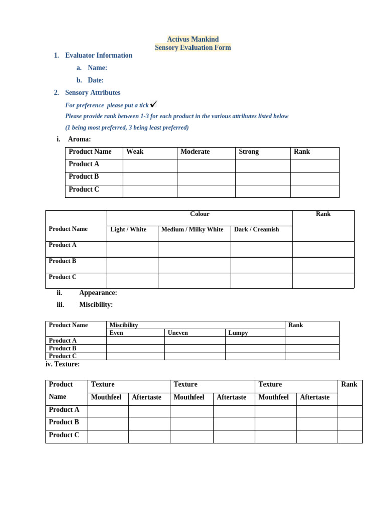 Sensory Evaluation Form | PDF