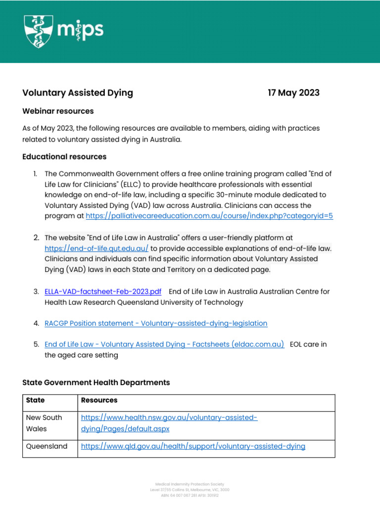 VAD Resources Handout 17.05.23 | PDF | Australia | Medicine