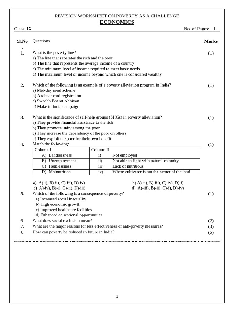 Revision Worksheet On Poverty As A Challenge | PDF | Poverty | Poverty ...