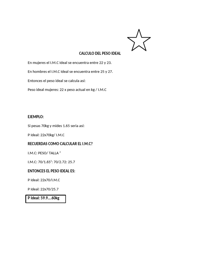 Cálculo del Peso Ideal según I.M.C. | PDF