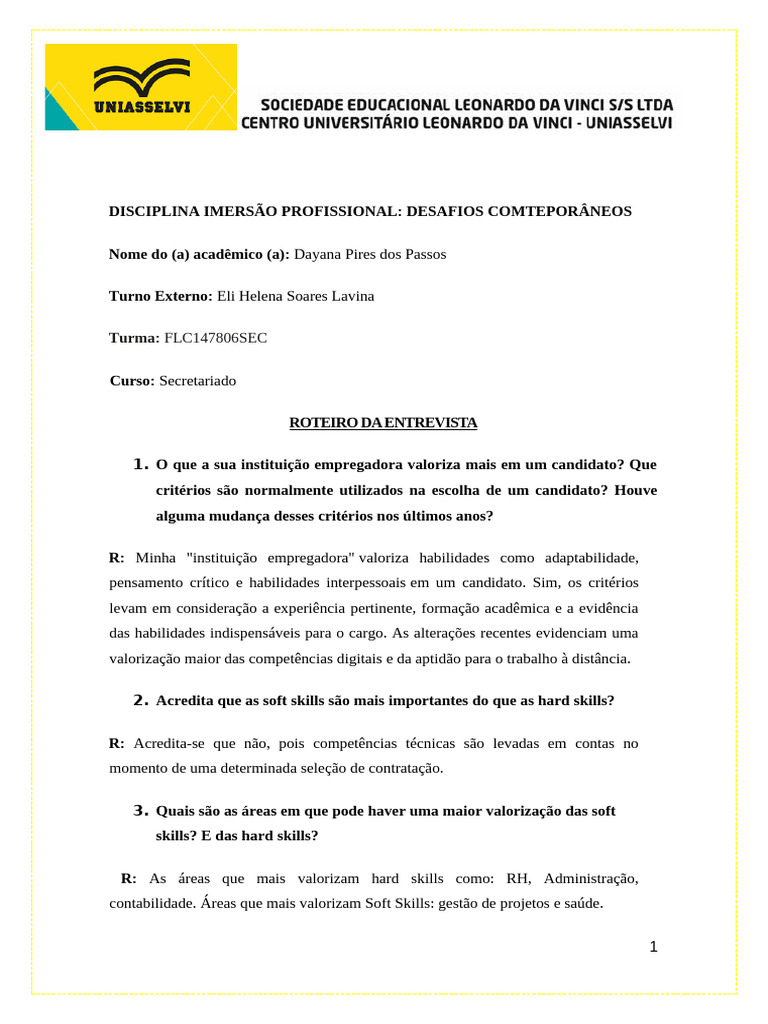 Roteiro de Entrevista Uniasselvi | PDF