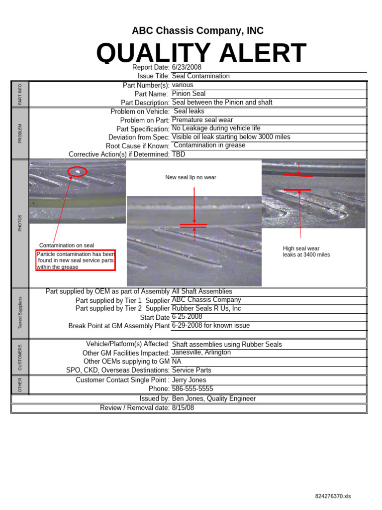 Seal Contamination Quality Alert Report | PDF | Motor Vehicle
