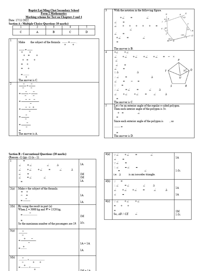 2022-23 F2 Math Test Ch3 and 4 Marking Scheme_v2 | PDF | Polytopes ...
