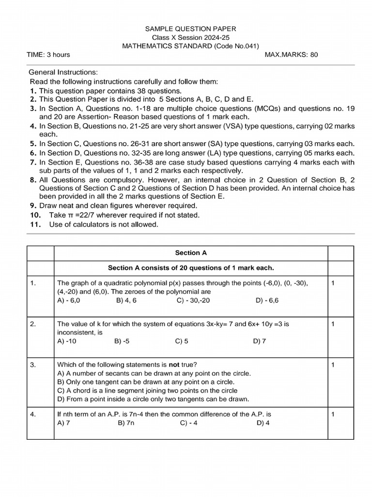 10 Mathematics Practice Question Paper | PDF