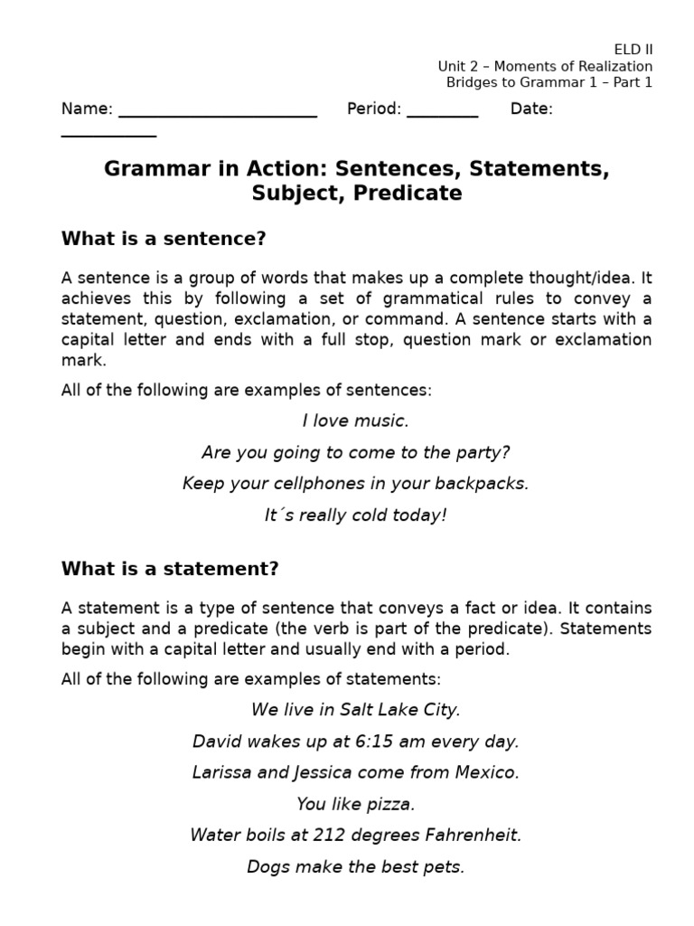 ELD II - Unit 2 - Bridges to Grammar 1 - Part 1 | PDF | Sentence ...