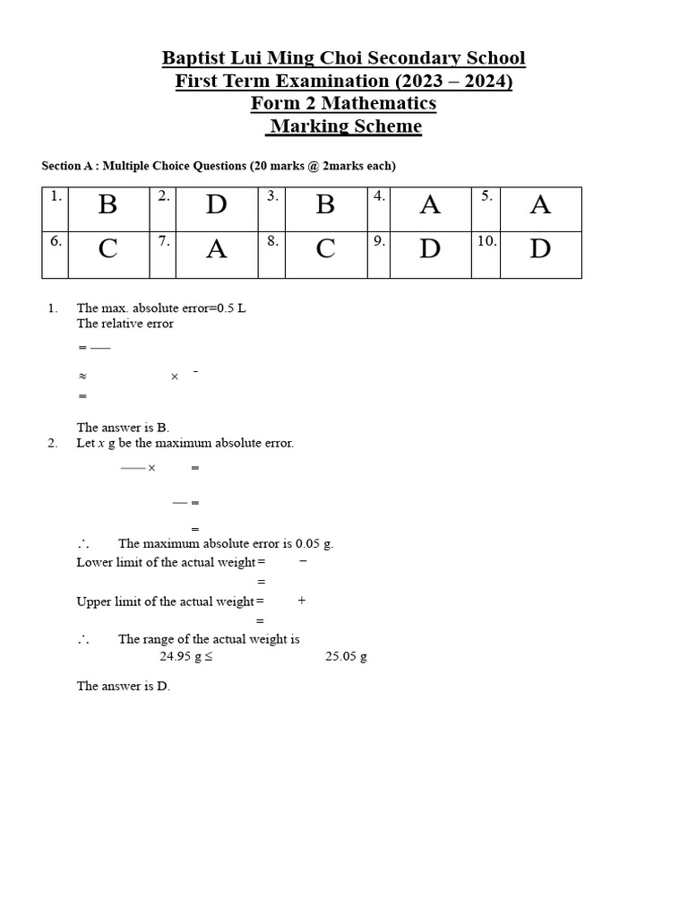 Form 2 Math Exam Marking Scheme 2023-24 | PDF | Standardized Tests ...