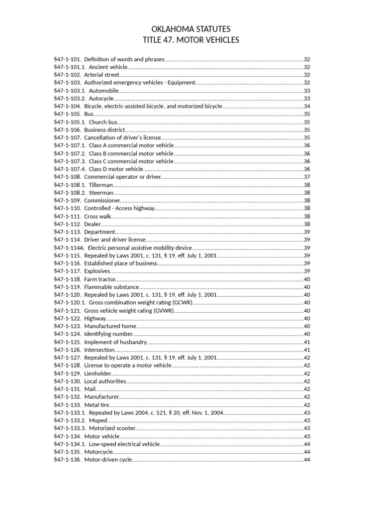 Oklahoma Vehicle Statutes Guide | PDF | Driver's License | Traffic