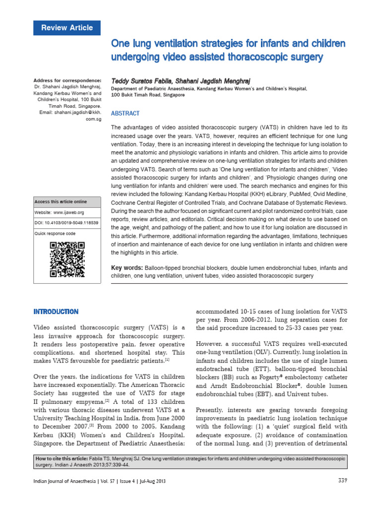 One Lung Ventilation Strategies For Infants and Children Undergoing ...
