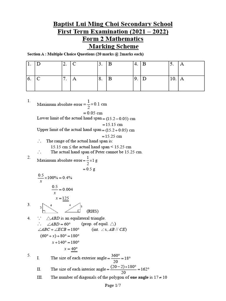 2021-22 F.2 Maths First Term Exam Marking Scheme | PDF | Mathematics | Elementary Geometry