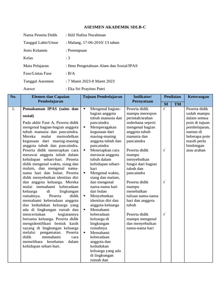 Asesmen Akademik SDLB Ipas | PDF