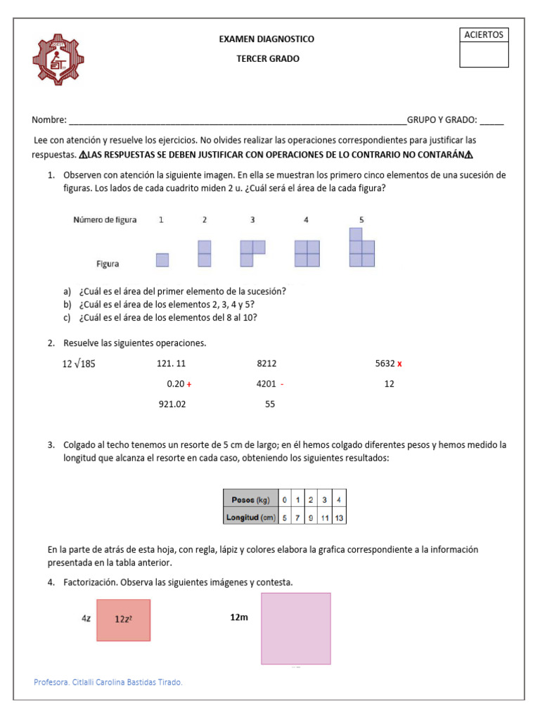 Diagnostico 3a-3b - Prof. Citlalli Bastidas | PDF | Matemáticas
